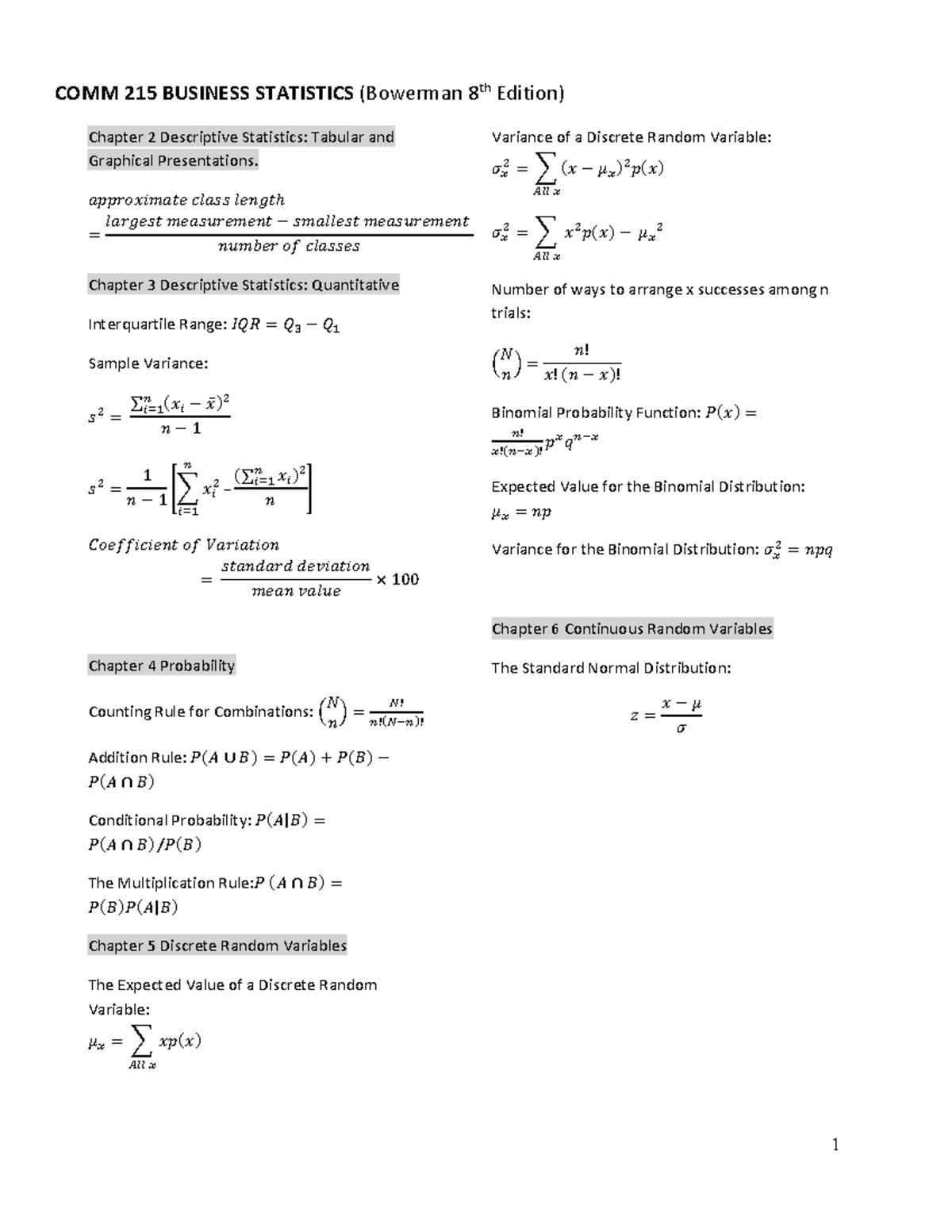 Midterm Formula sheet - Warning: TT: undefined function: 32 1 COMM 215 BUSINESS STATISTICS ...