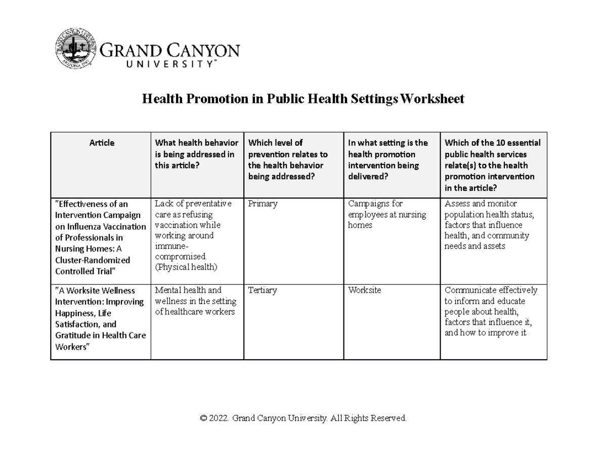 PUB 200 RS6 Health Promotion Settings Worksheet - Health Promotion in ...