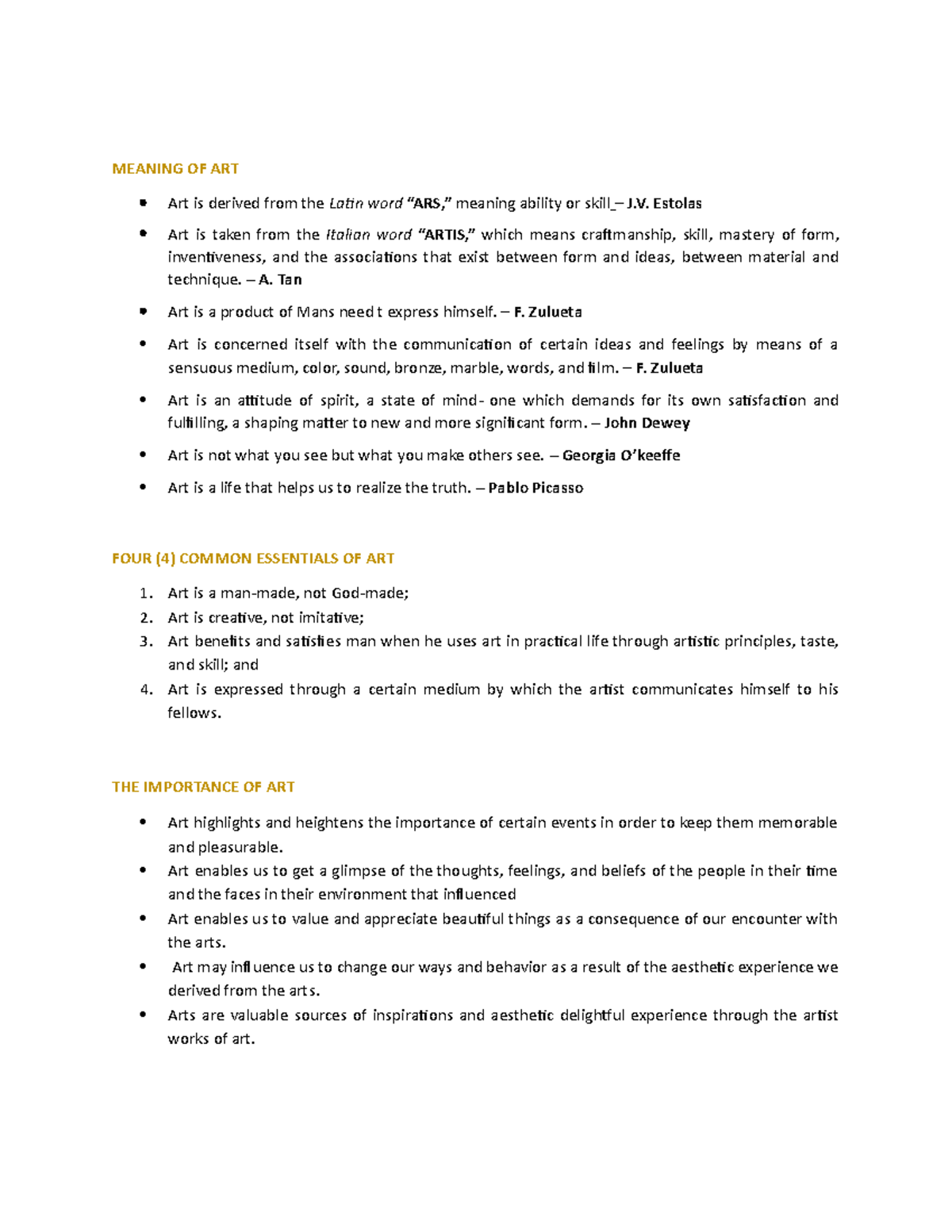 Art Appreciation - Notes - MEANING OF ART Art is derived from the Latin ...