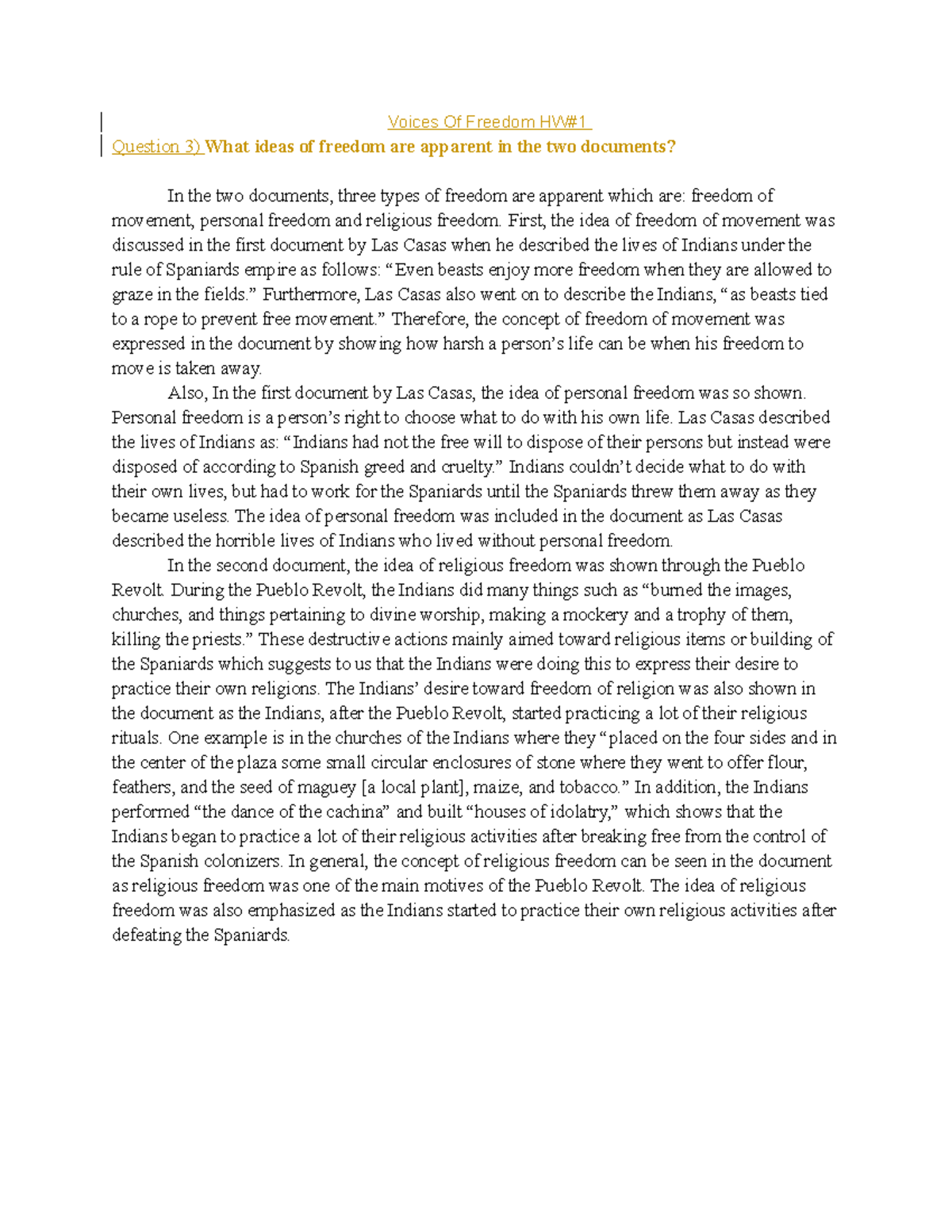 Voices Of Freedom HW 1 Question 3 - First, the idea of freedom of ...