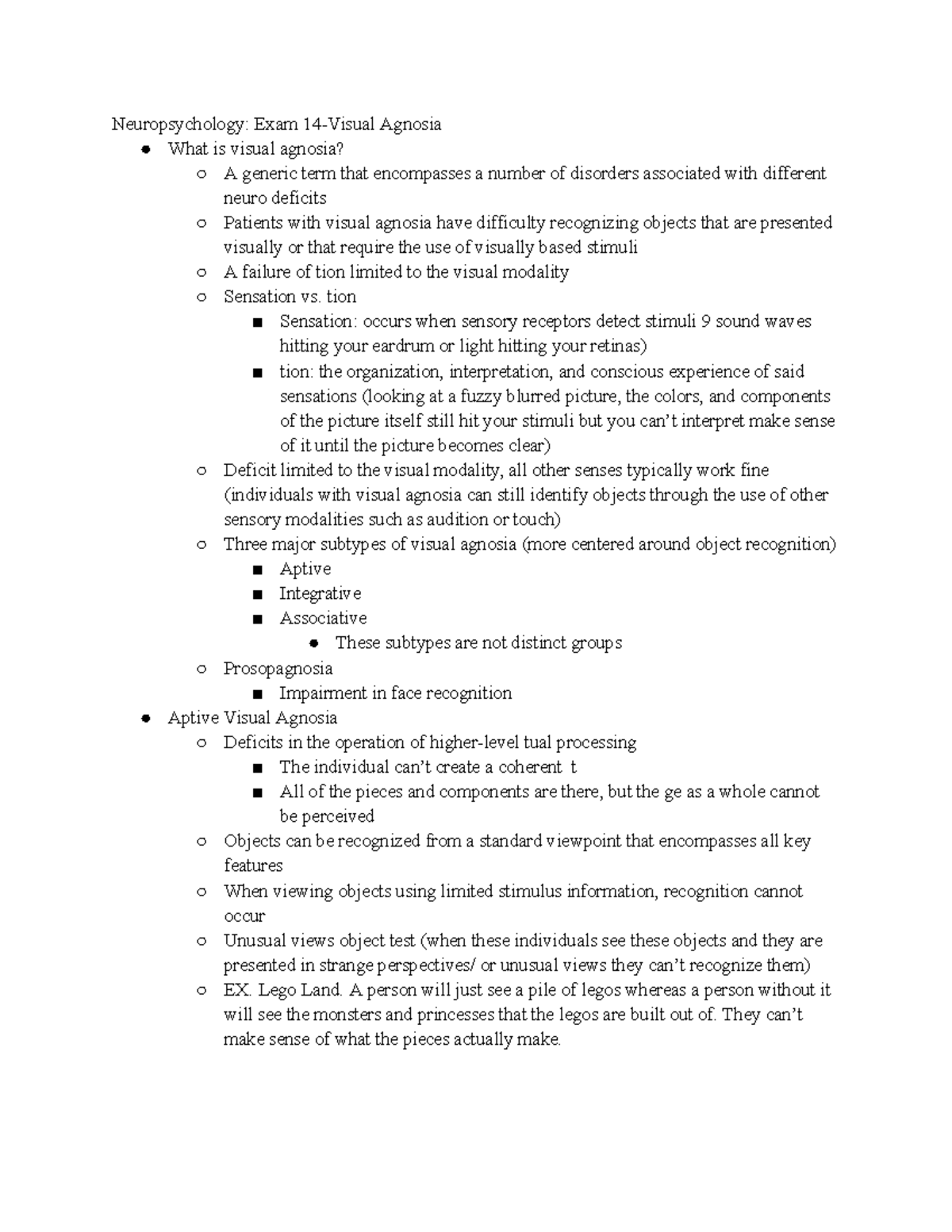 Neuropsychology EXAM 14- Visual Agnosia - Neuropsychology: Exam 14 ...