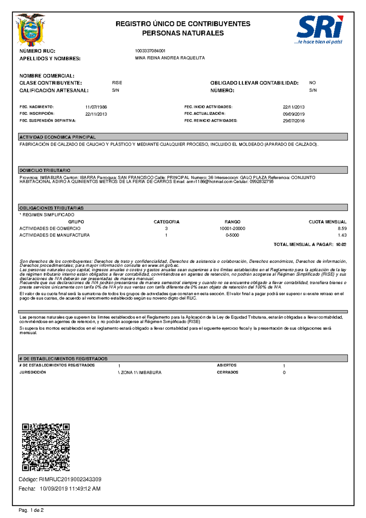 Certificado RUC - REGISTRO ÚNICO DE CONTRIBUYENTES PERSONAS NATURALES ...