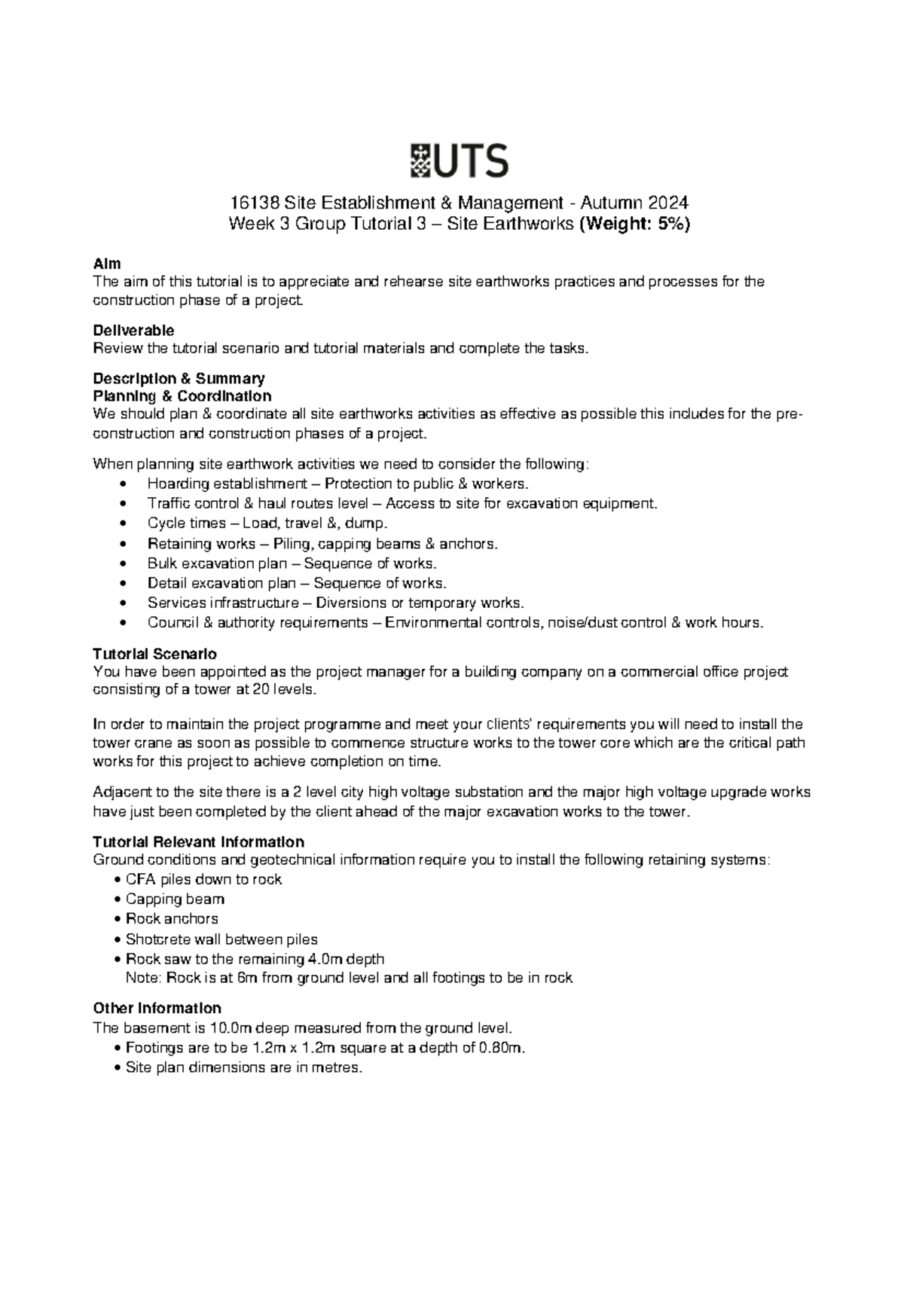 Week 3 Tutorial No.3 Brief - Site Earthworks Rev - 16 138 Site ...