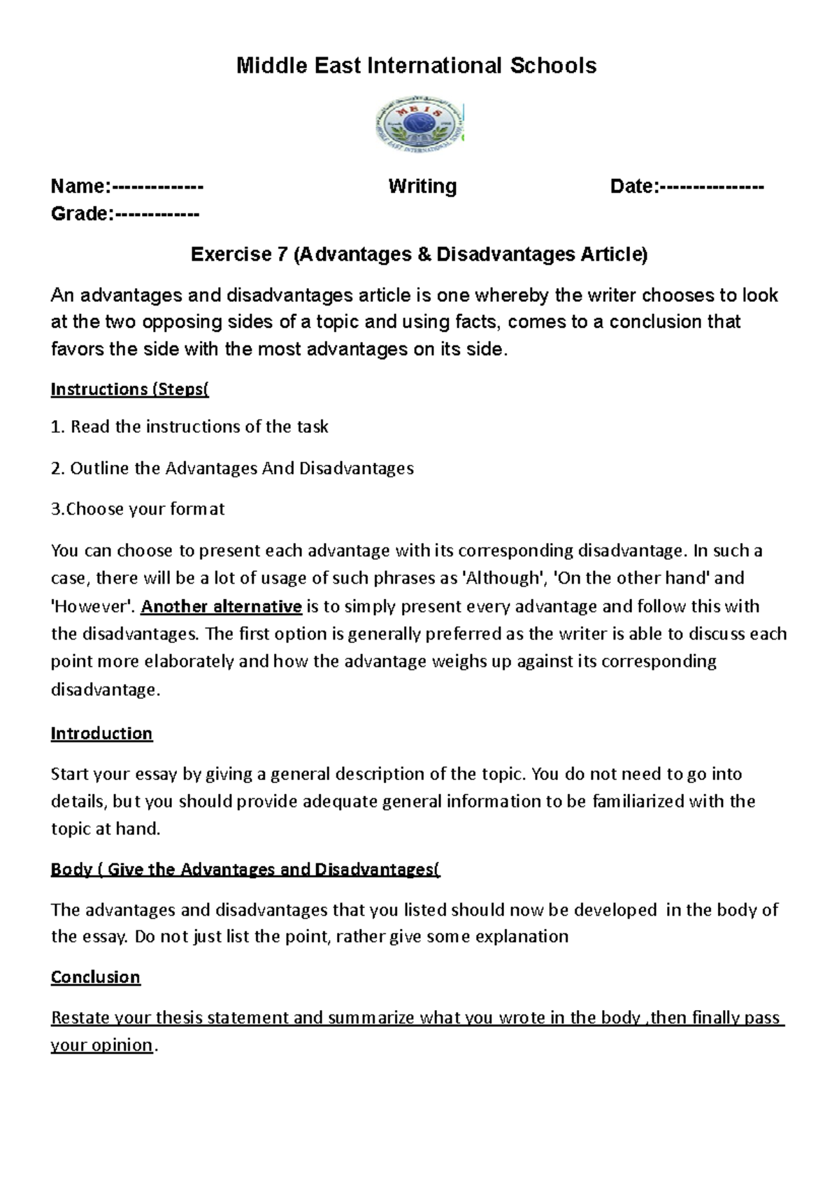 Advantages & Disadvantages Article - Middle East International Schools ...