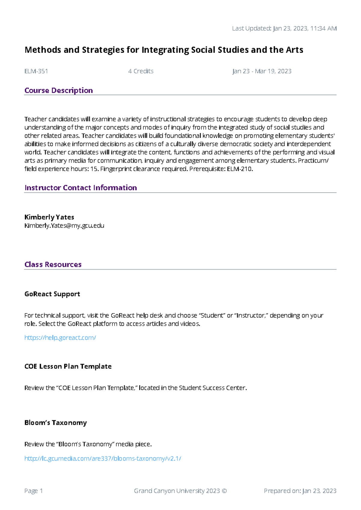 Syllabus ELM-351-O501-20230123 - Last Updated: Jan 23, 2023, 11:34 AM ...