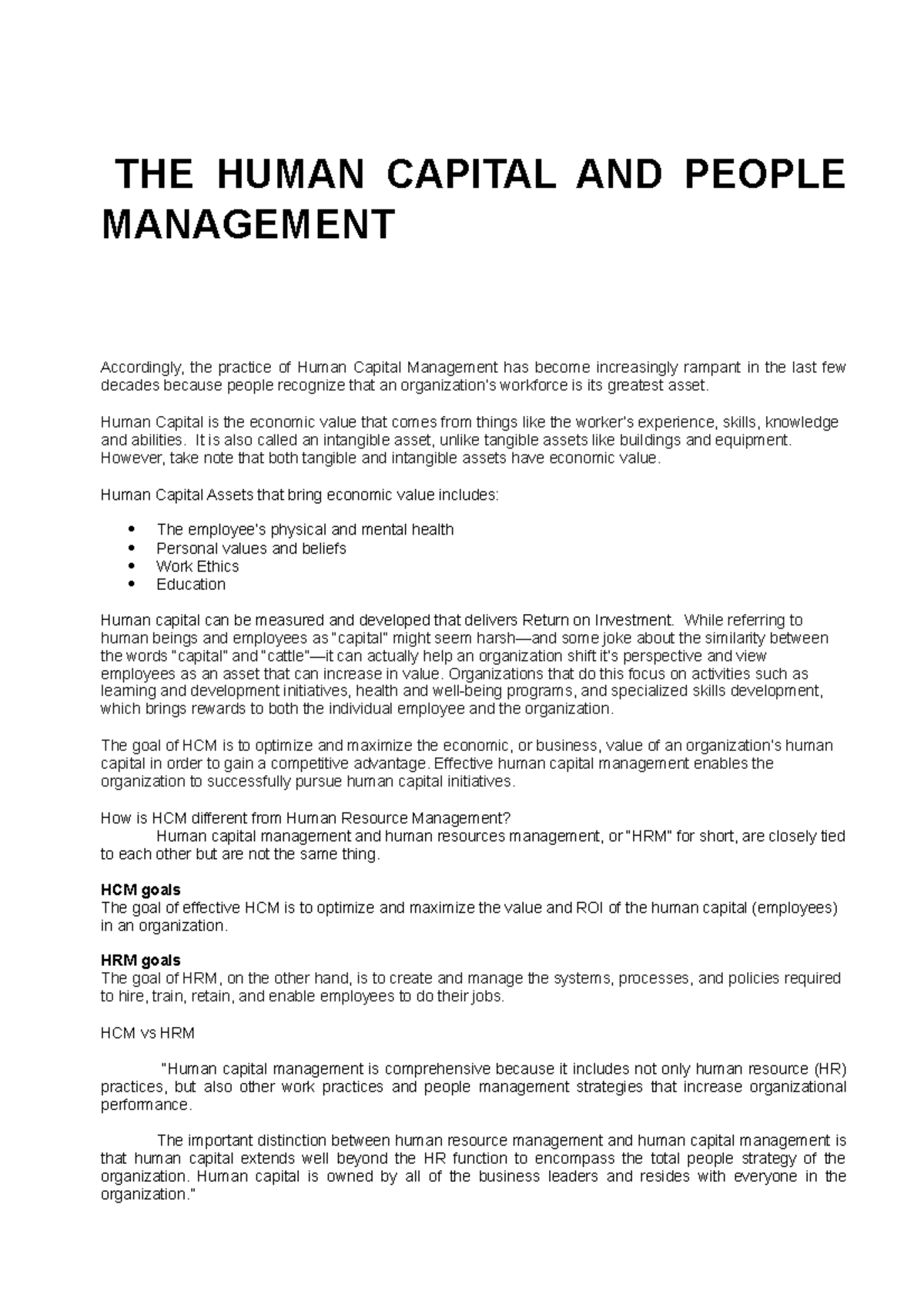 Review materials mid terms - THE HUMAN CAPITAL AND PEOPLE MANAGEMENT ...