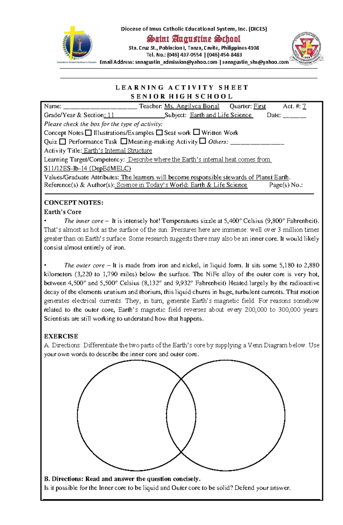 Wk 3 LAS Earth and Life - L E A R N I N G A C T I V I T Y S H E E T S E ...