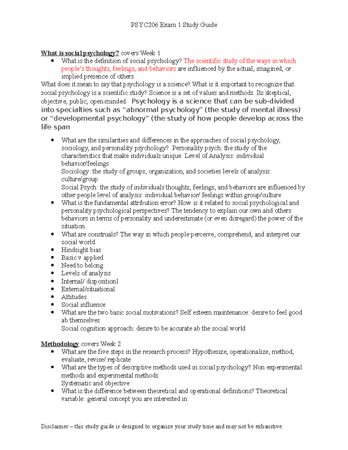 Study Guide - Social Psych Exam 1 - What is social psychology? covers ...