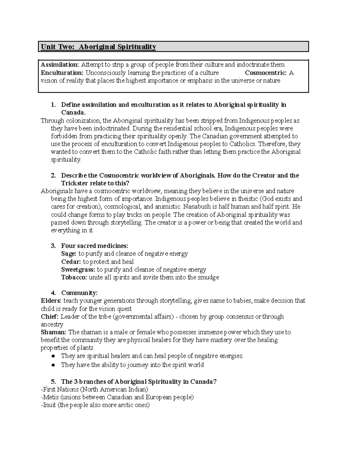 Study Notes for Aboriginal Spirituality (unit 2) - Unit Two: Aboriginal ...