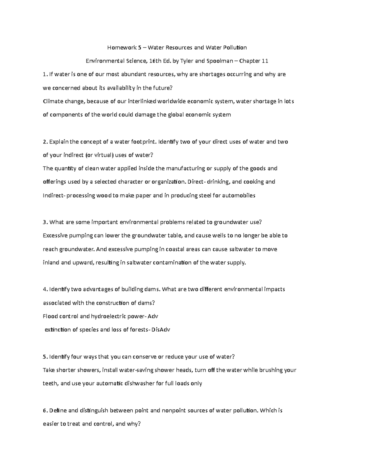 ESSH 1101 Homework Unit 05 Water Resources and Water Pollution 16th Ed ...