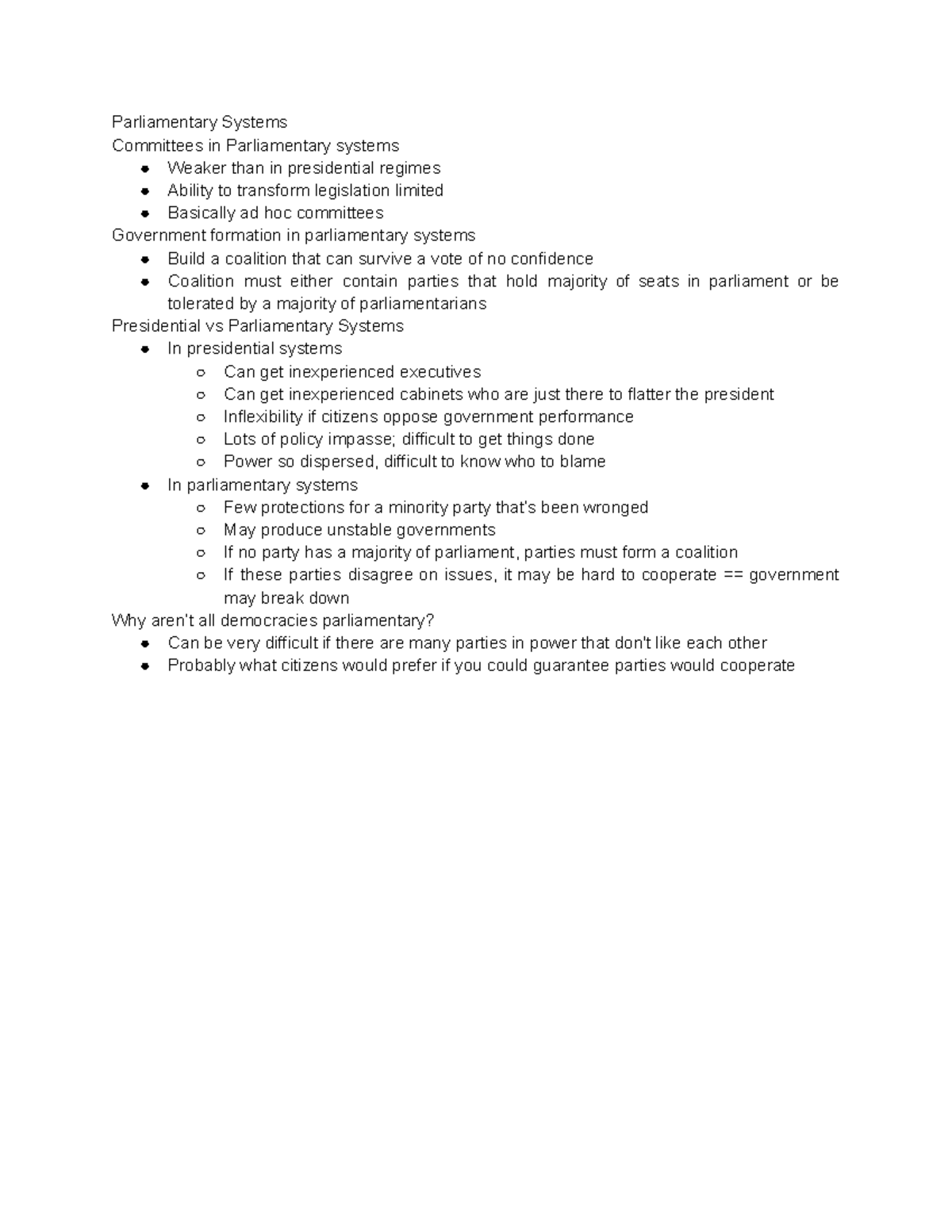 PLS 200 Notes - Parliamentary Systems Committees in Parliamentary ...