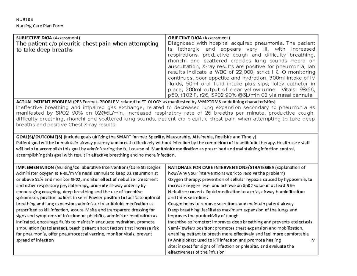Nursing Plan Care Form - NUR Nursing Care Plan Form SUBJECTIVE DATA ...