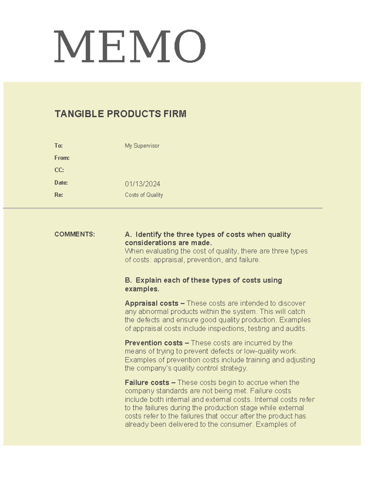 Business Management Task 1 - MEMO TANGIBLE PRODUCTS FIRM To: My ...
