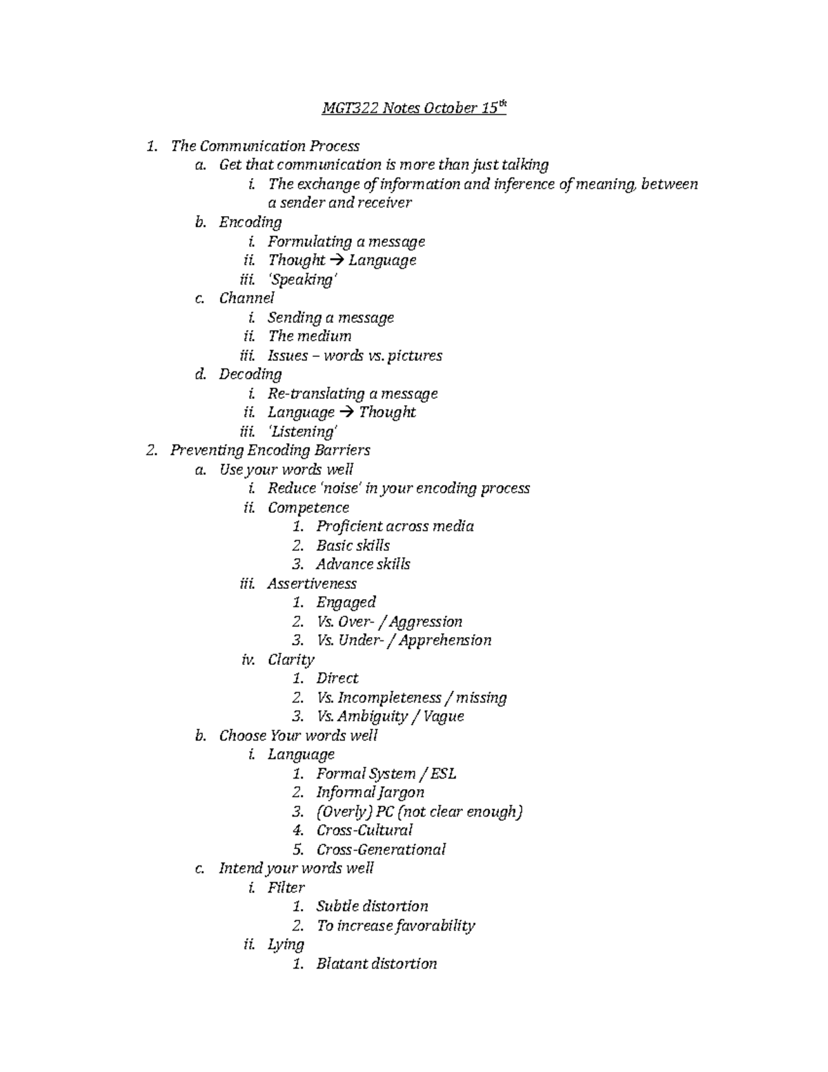 MGT322 Notes Oct 15 - The Communication Process - MGT322 Notes October ...