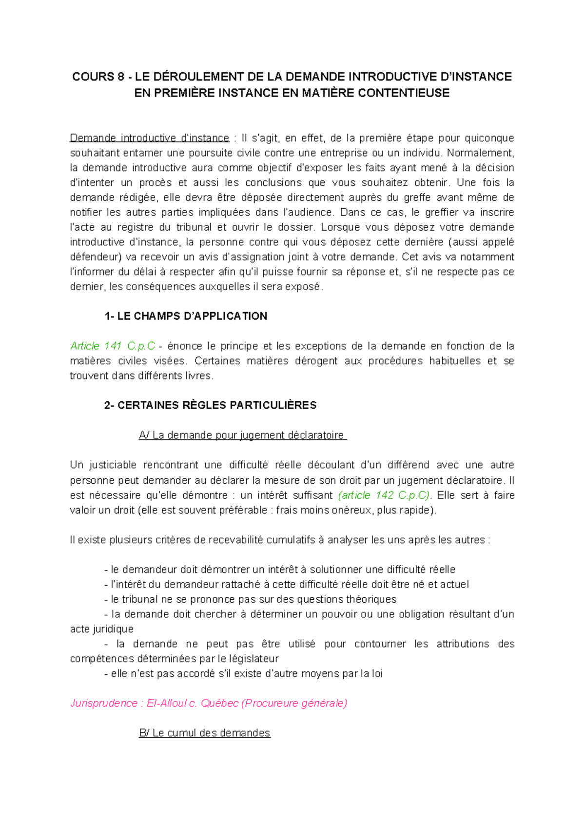 Fiche cours 8 - DRT 2233 - prof - Caroline TAMRAZ - COURS 8 - LE ...