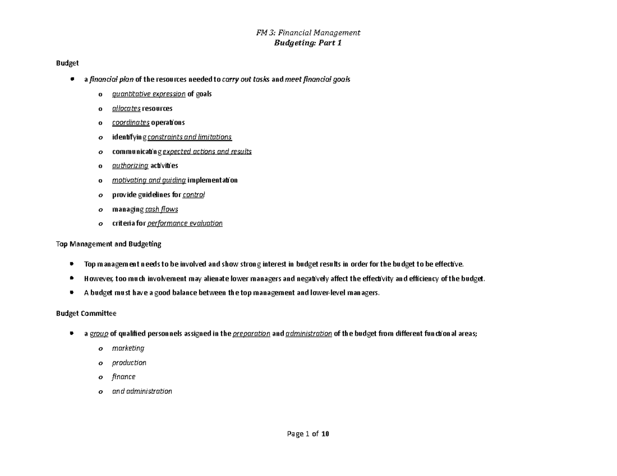 Lesson 5 - Budgeting, Part 1 - FM 3: Financial Management Budgeting ...