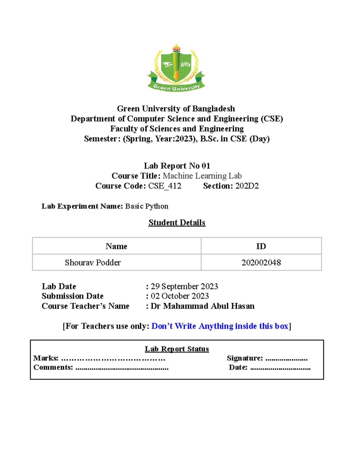 202002 048 Shourav Podder Machine Learning Lab 01 - Green University of Bangladesh Department of ...