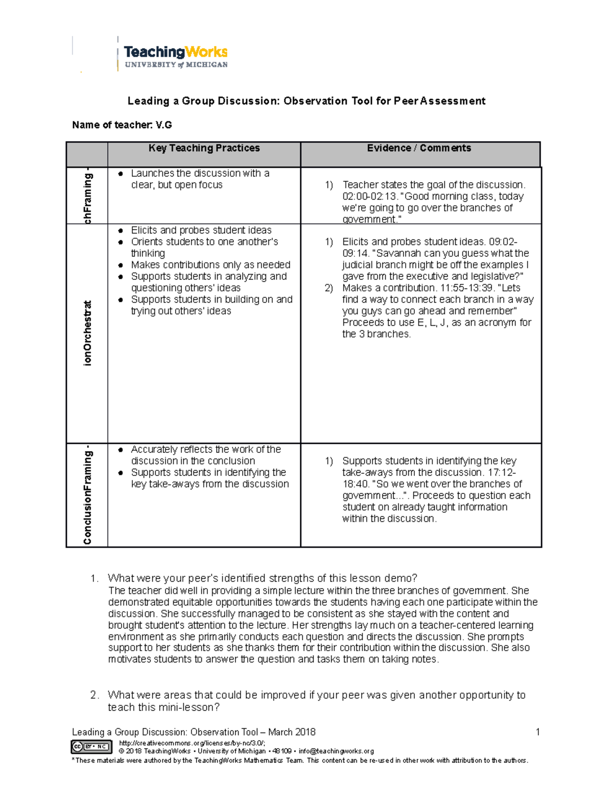MRS Peer Observation Assessment Tool Ex 1 - Leading a Group Discussion ...