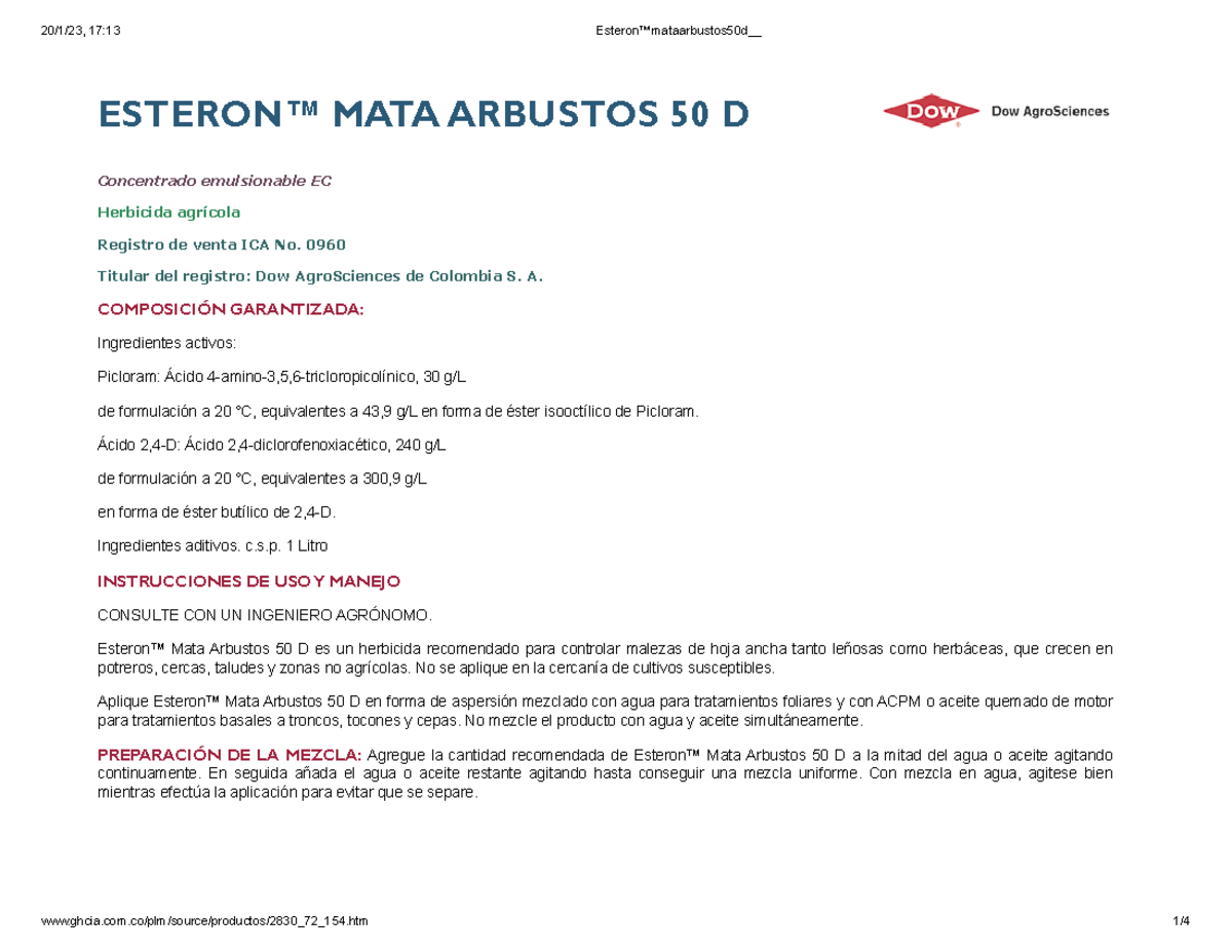 Esteron 50 ™mataarbustos 50d HS - ESTERON™ MATA ARBUSTOS 50 D Concentrado emulsionable EC ...