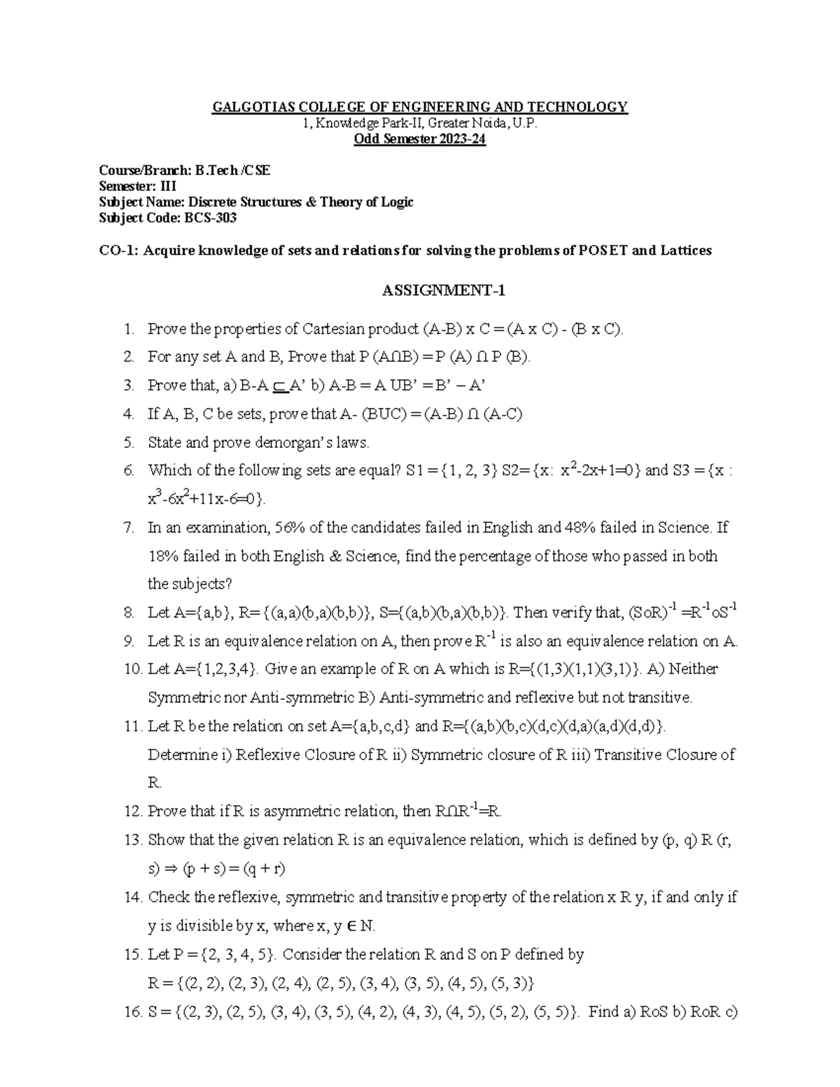 Assignment I - good - GALGOTIAS COLLEGE OF ENGINEERING AND TECHNOLOGY 1 ...
