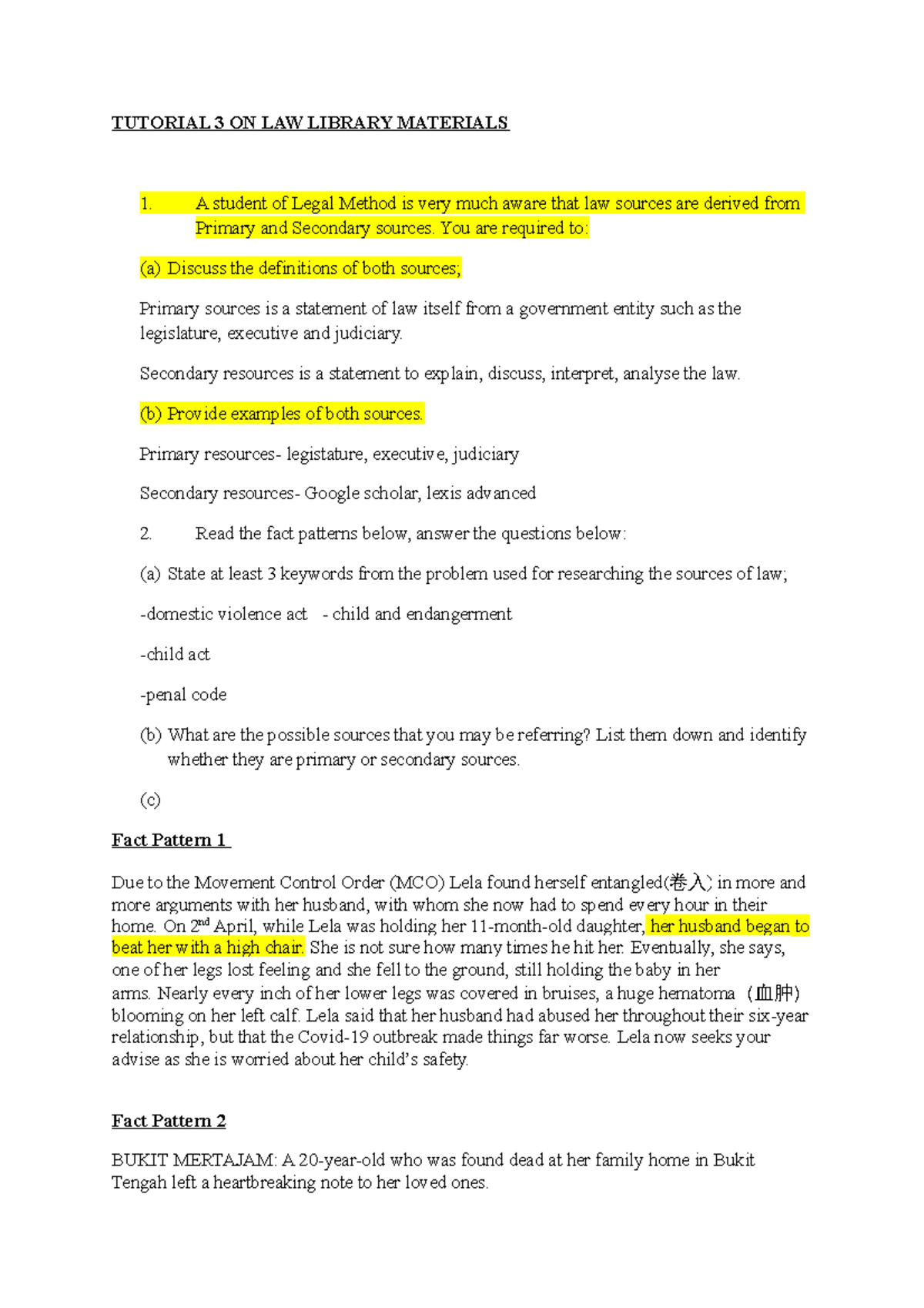 339404 T3-LAW Library - legal method - TUTORIAL 3 ON LAW LIBRARY MATERIALS A student of Legal ...