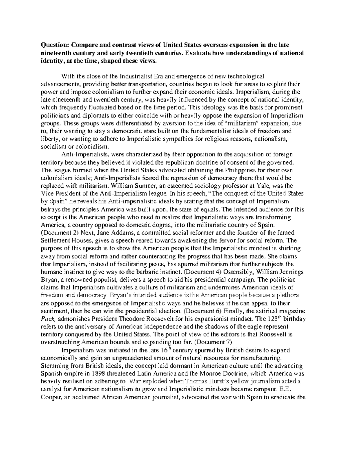 Student Good Example Imperialism DBQ - Question: Compare and contrast ...