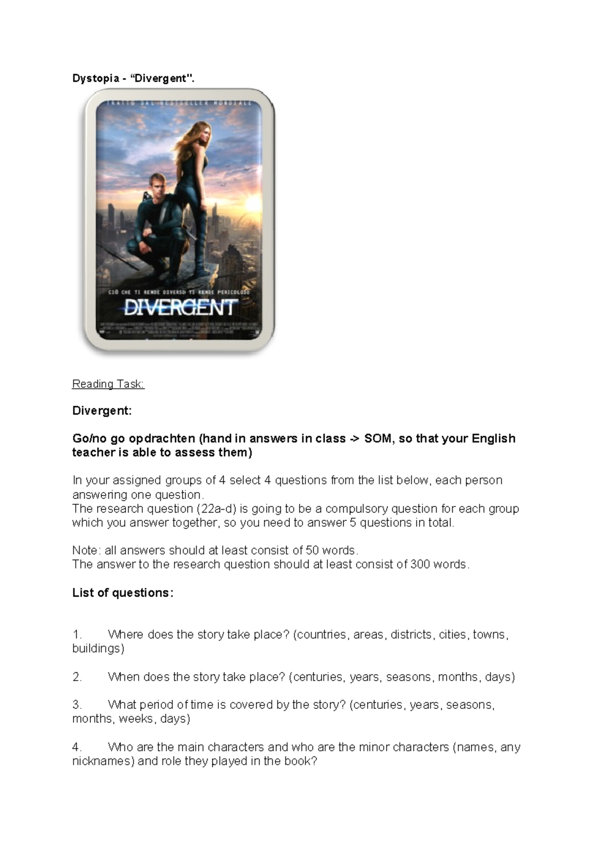 Divergent-boek-opdrachten - Dystopia - “Divergent". Reading Task ...