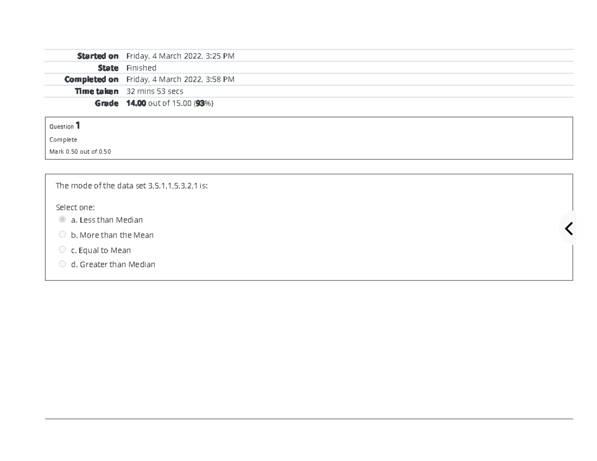 Bus. Statistics Assignment - 1 - Started on Friday, 4 March 2022, 3:25 PM State Finished ...