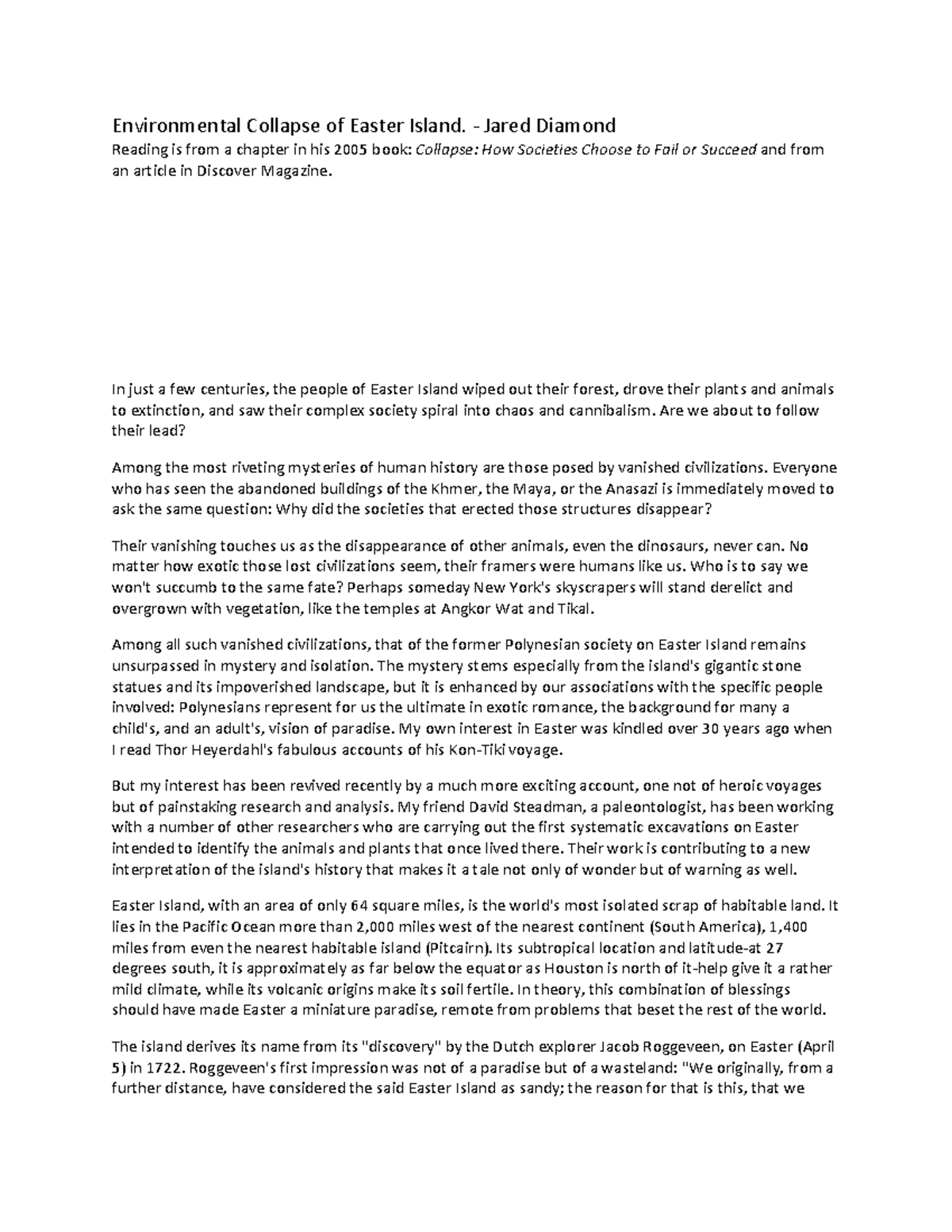 Environmental Collapse Of Easter Island - ‐ Jared Diamond Reading is ...