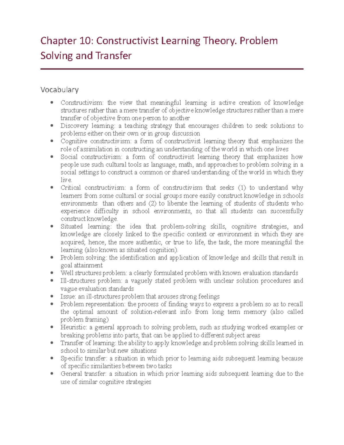 Study Guide-Chapter 10 - Chapter 10: Constructivist Learning Theory. Problem Solving and ...