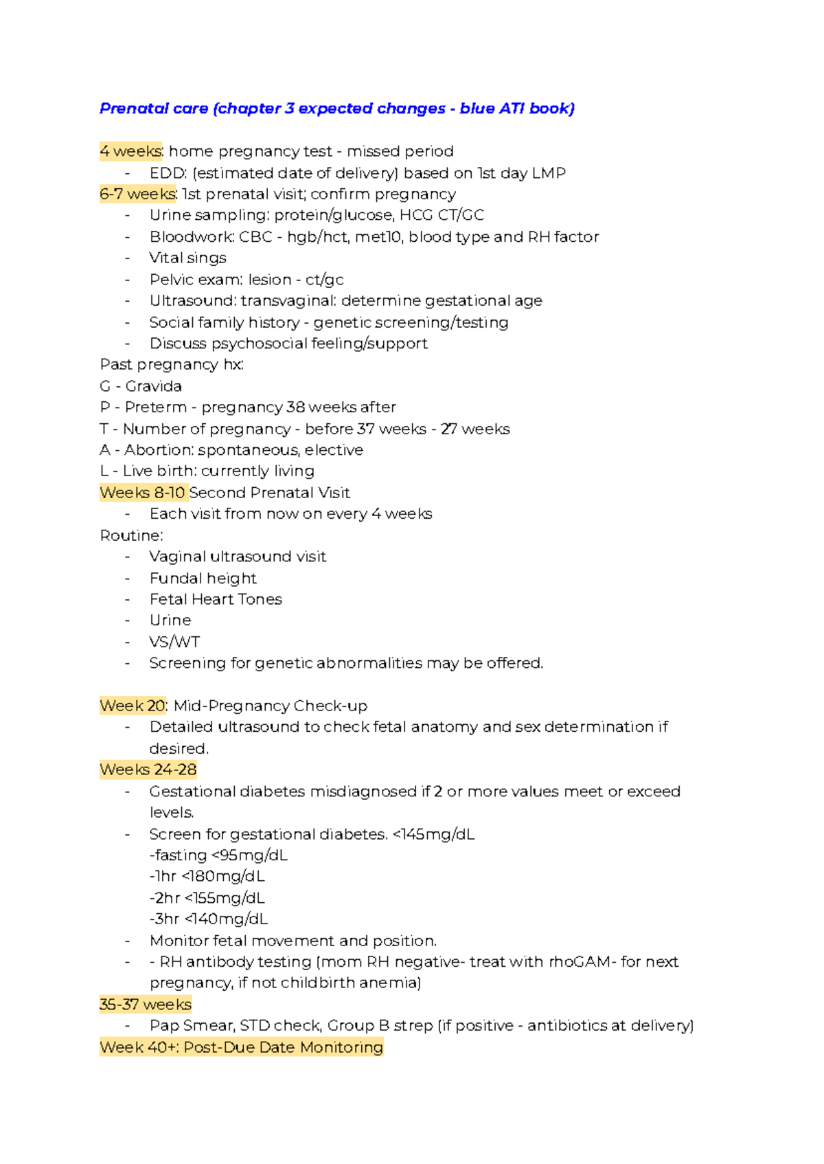 Prenatal care (chapter 3 expected changes - blue ATI book) - Week 20 ...