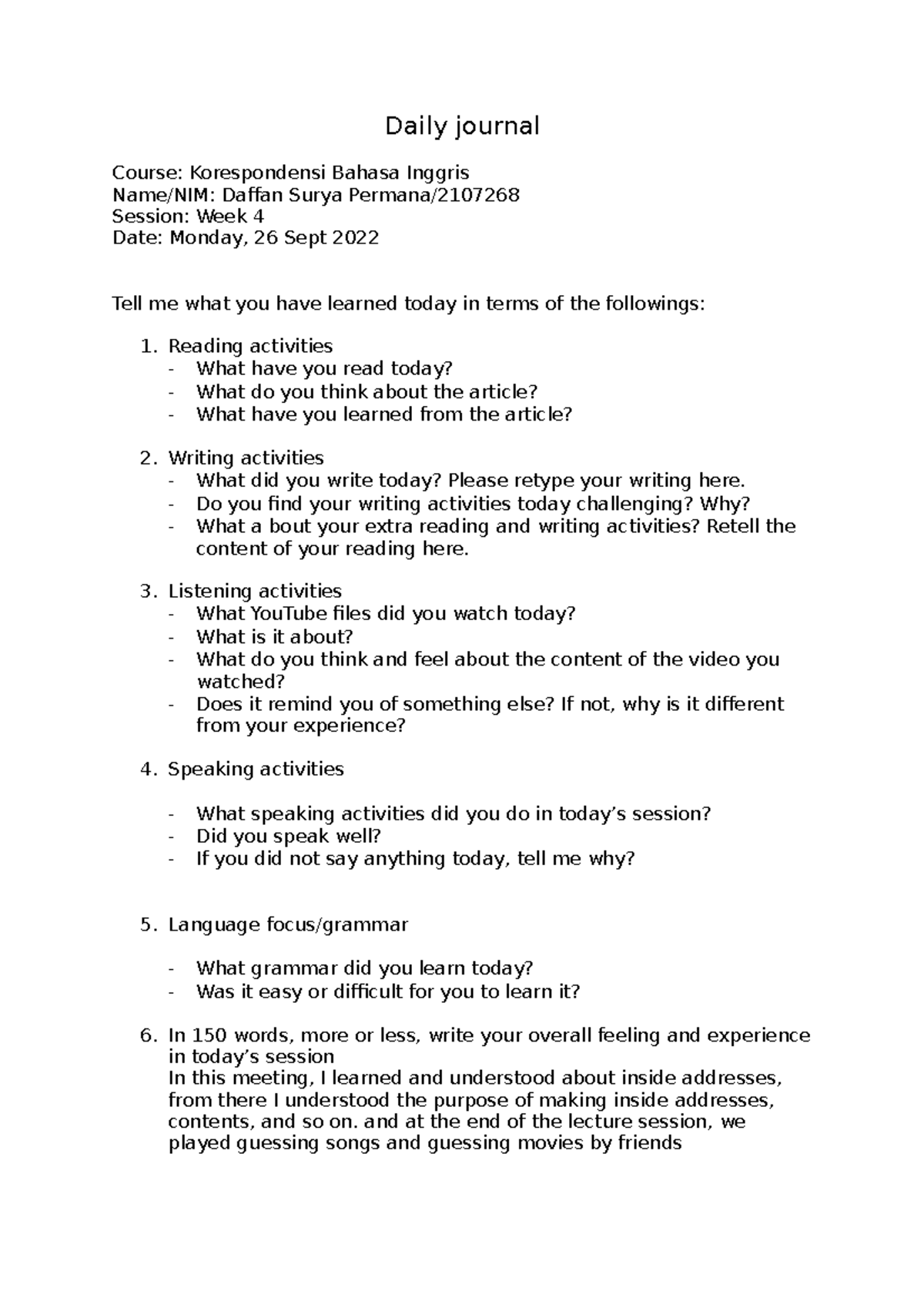 Daily journal at English Course to reflect student's understanding ...