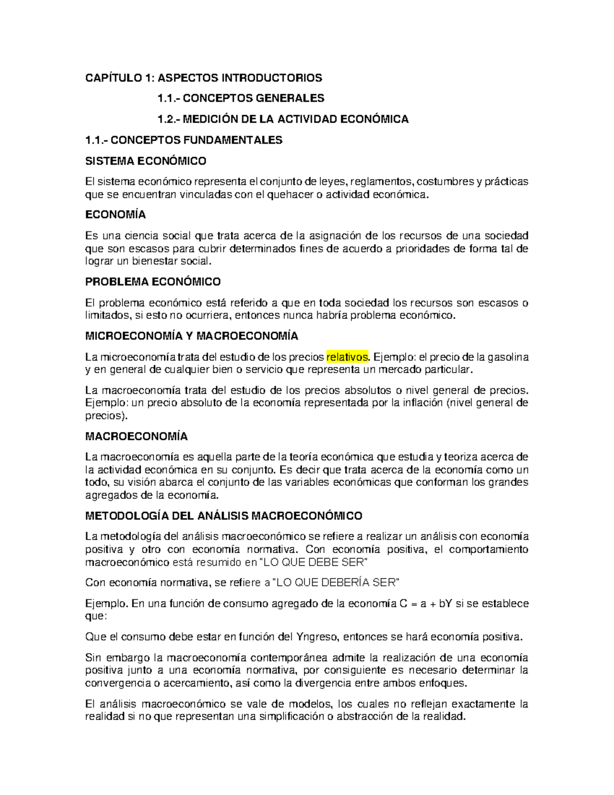 ECONOMIA en ING cap I - CAPÍTULO 1: ASPECTOS INTRODUCTORIOS 1.- CONCEPTOS GENERALES 1.- MEDICIÓN ...