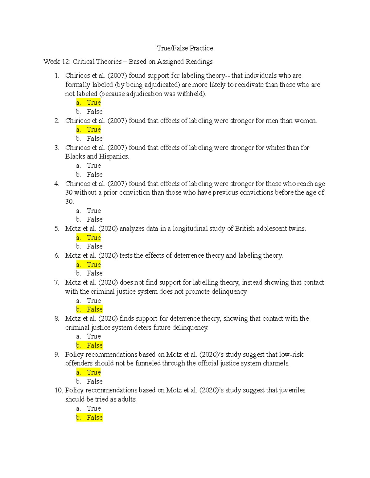 Exam 3 True or False Practice Questions - True/False Practice Week 12 ...