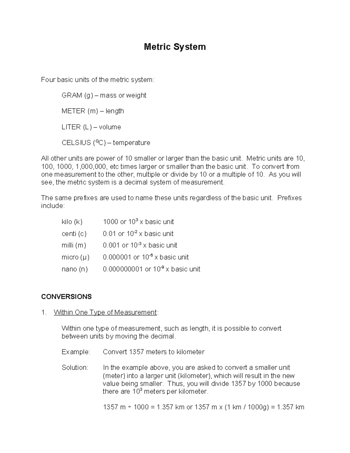 BIOL1101 Lab Metric System - Metric System Four basic units of the ...
