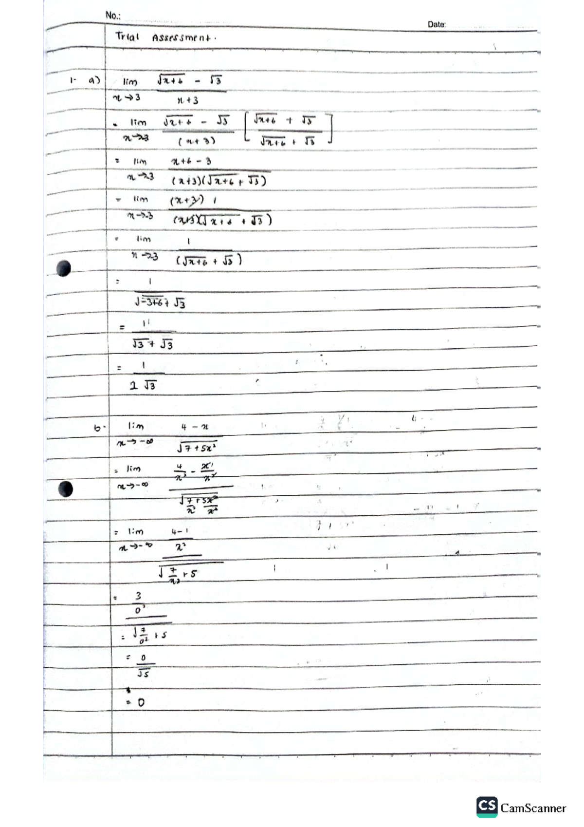 tutorial with answer - No.: Date: Trial Assessment 1- a) lim 1++ - 5 -3 n+3 lim Ja++ - 53 Jx+6 ...