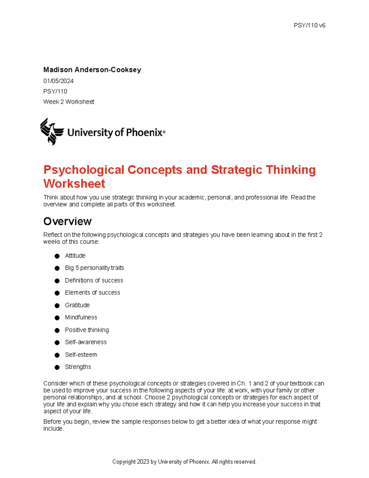Psy110 Week 2 Work Sheet - PSY/110 v Madison Anderson-Cooksey 01/05 ...