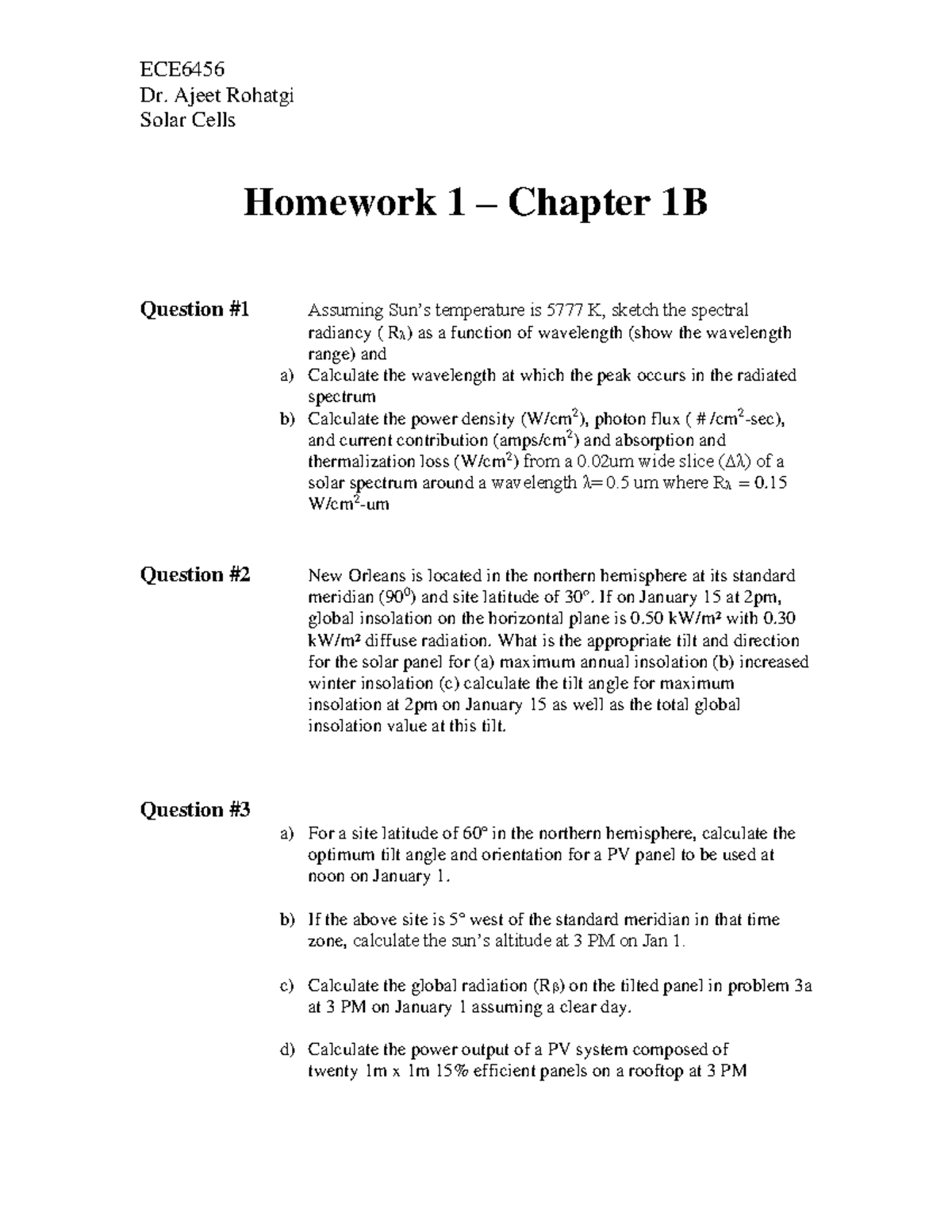 Homework 1 Chapter 1B Questions 2022 - ECE Dr. Ajeet Rohatgi Solar ...