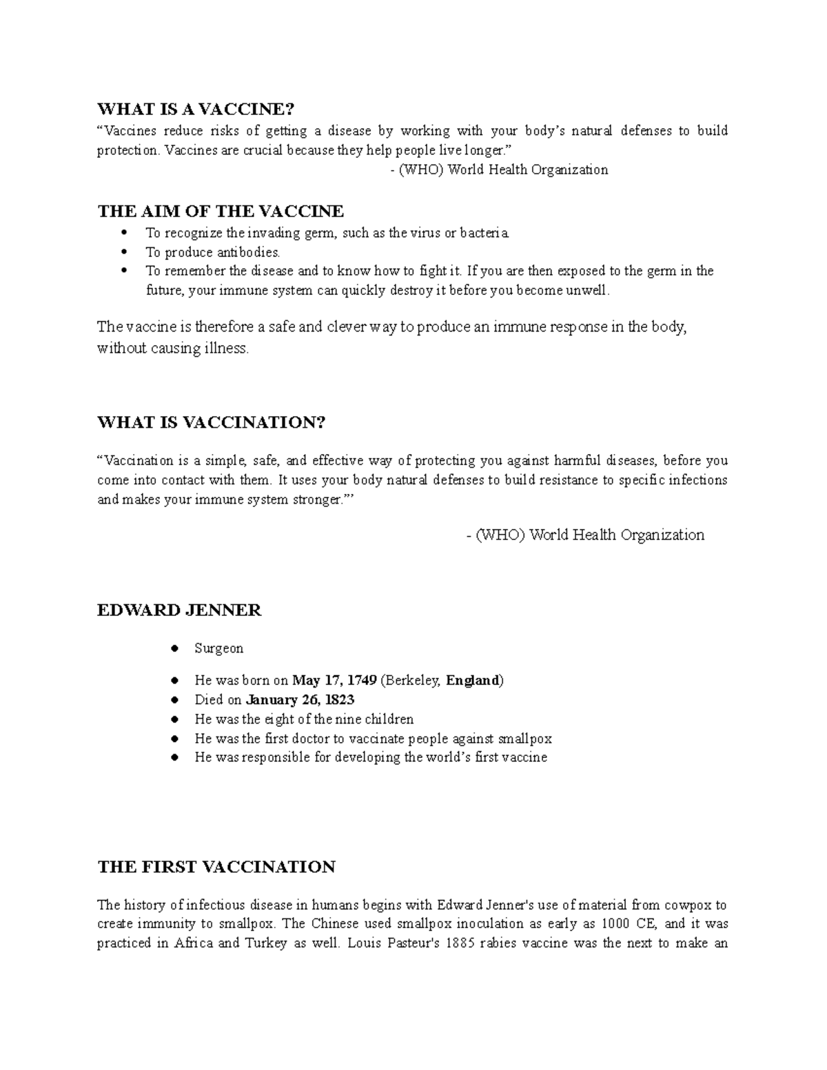 Vaccine - WHAT IS A VACCINE? “Vaccines reduce risks of getting a ...