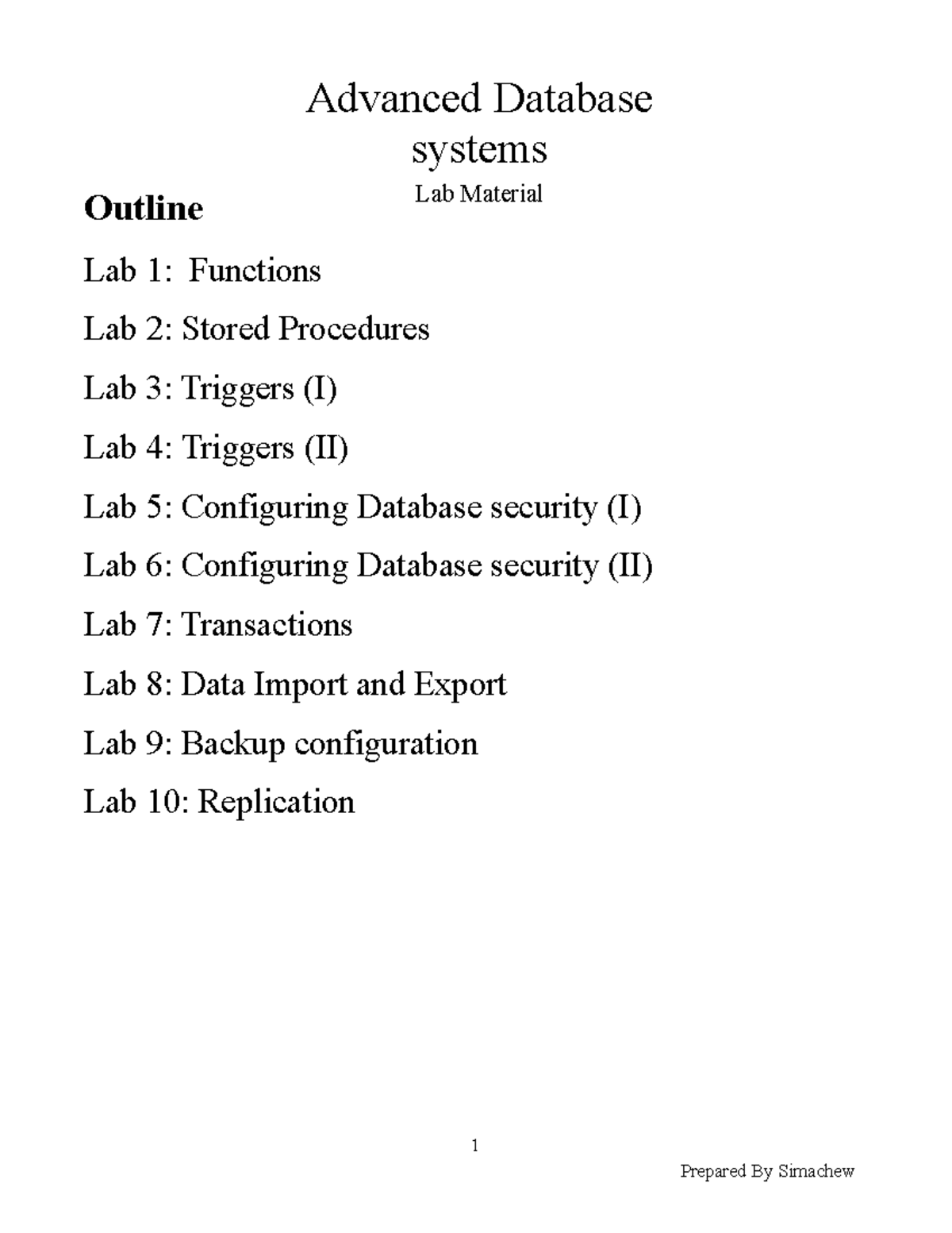Advanced Db Lab Material Outline Advanced Database Systems
