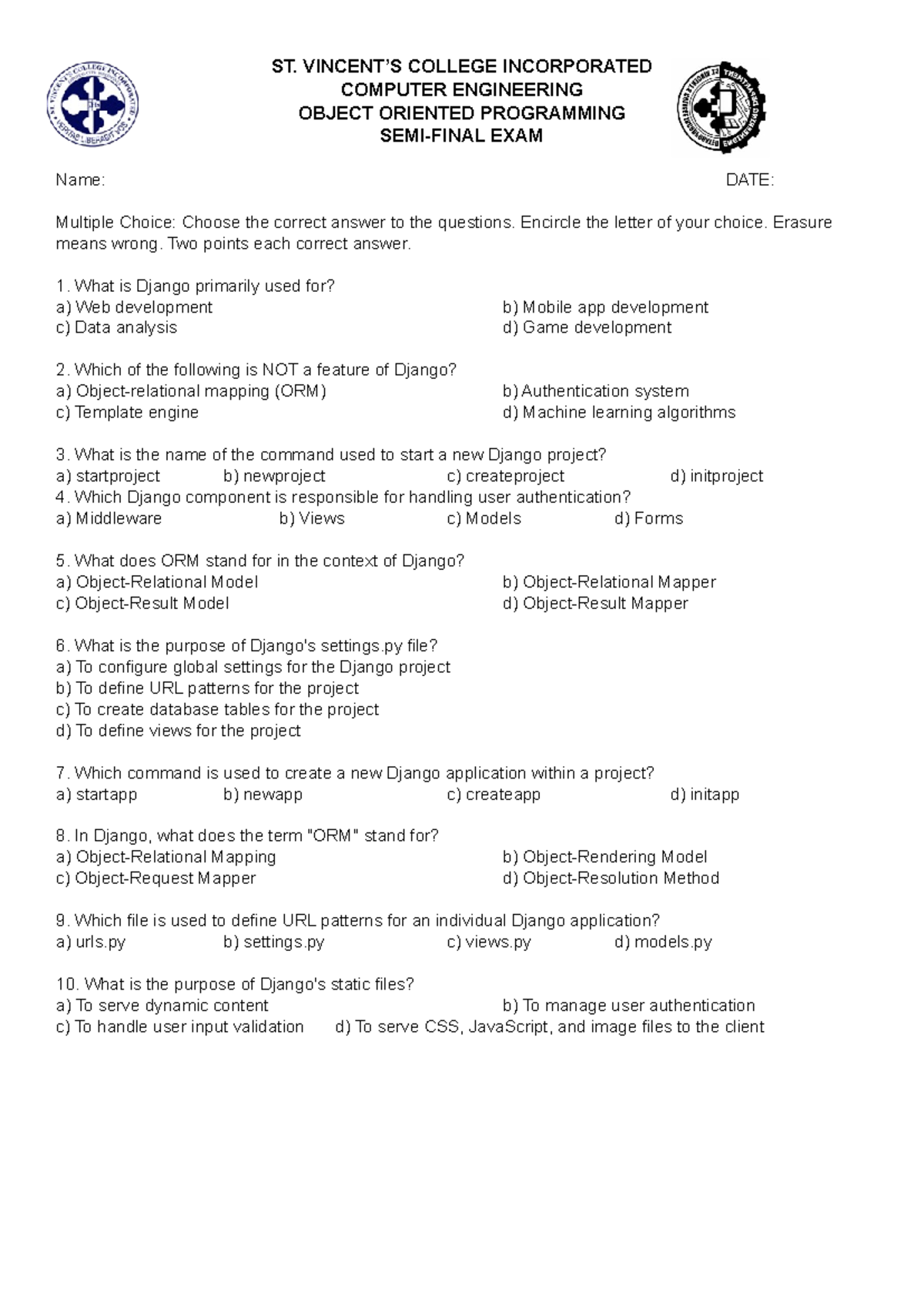 Oop - ST. VINCENT’S COLLEGE INCORPORATED COMPUTER ENGINEERING OBJECT ...