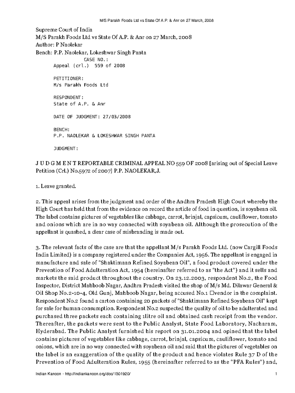 M S Parakh Foods Ltd vs State Of A P Anr on 27 March 2008 - Supreme ...