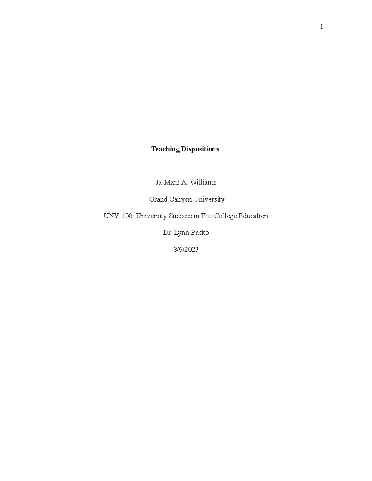 Jamani Williams - cwv 20223/2023 ds - Teaching Dispositions Ja-Mani A ...