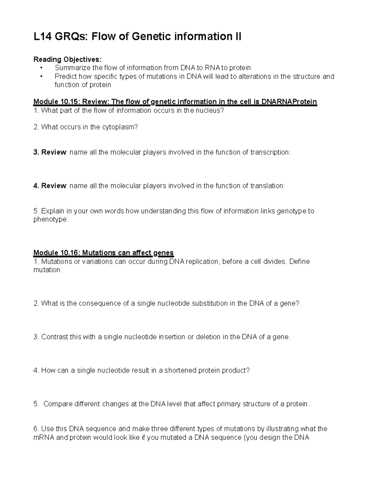 Lesson 14 GRQs Flow of Genetic Information Part 2 - L14 GRQs: Flow of ...