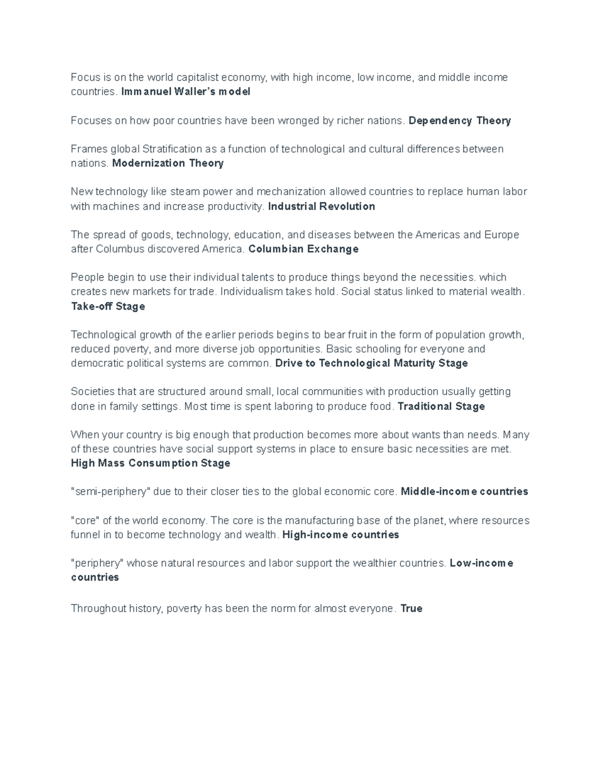 Quiz 10 Study Guide (global stratification) - Focus is on the world ...