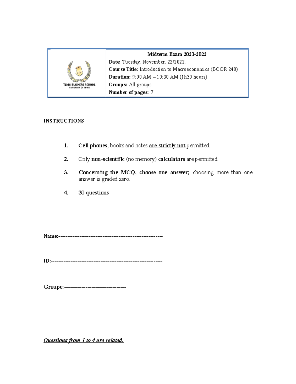 Midterm Exam 2022 - Midterm Exam 2021- Date: Tuesday, November, 22/2022 ...