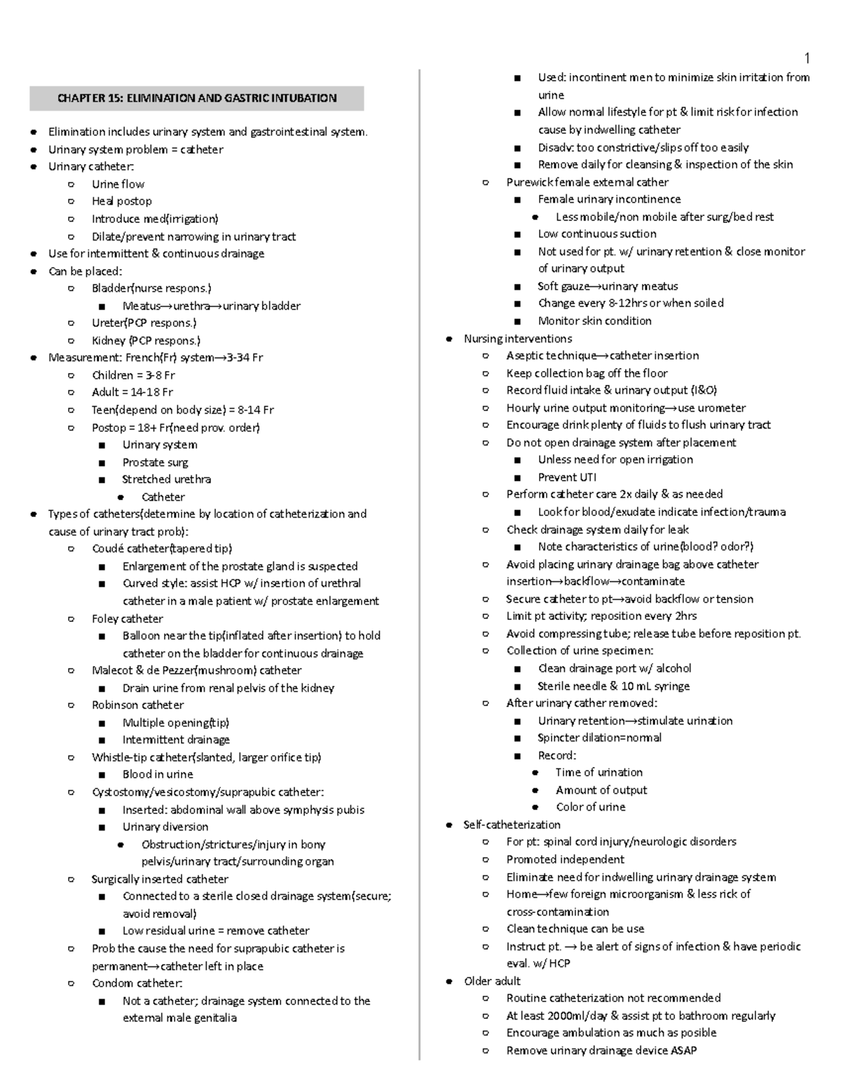 Q15 - notes summary - Elimination includes urinary system and ...