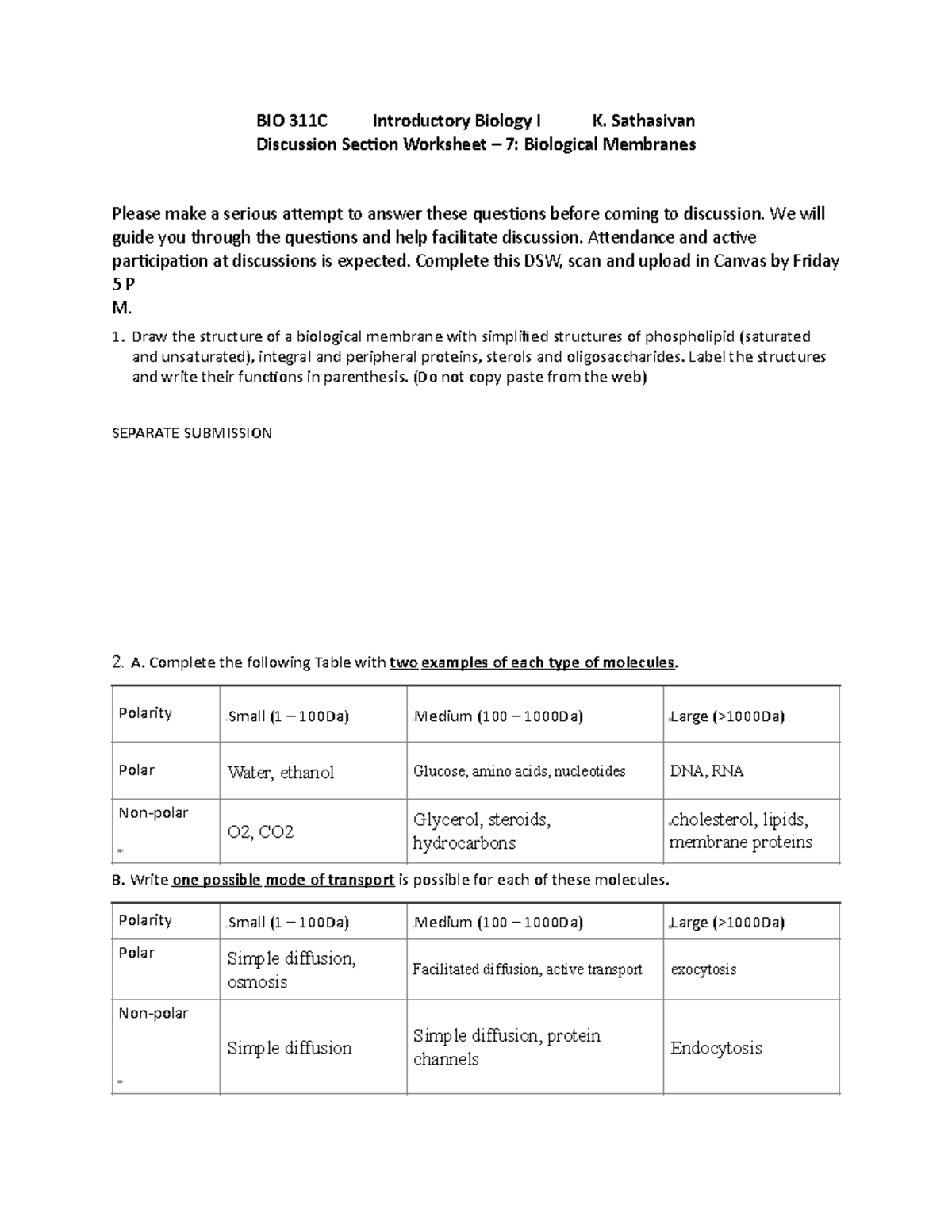 DSW 7 Biological Membranes - BIO 311C Introductory Biology I K ...