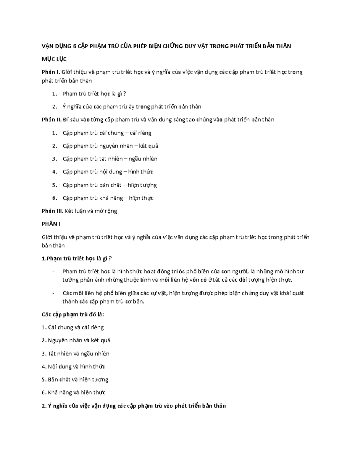 VẬN DỤNG 6 CẶP PHẠM TRÙ CỦA PHÉP BIỆN CHỨNG DUY VẬT Trong PHÁT TRIỂN BẢN THÂN - V ẬN D ỤNG 6 C ...