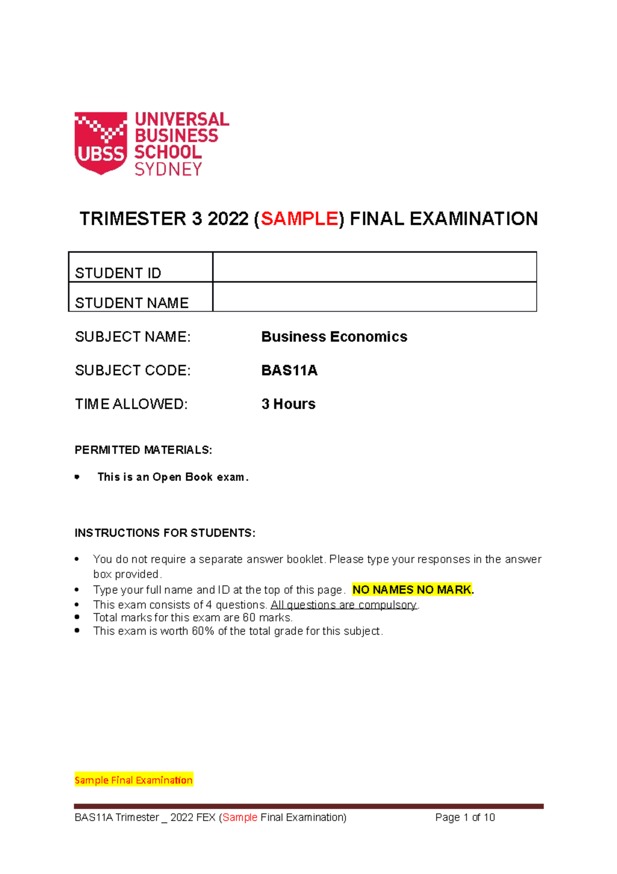 Sample Final Exam Paper BAS11 (sub) 2022 3 - TRIMESTER 3 2022 (SAMPLE ...